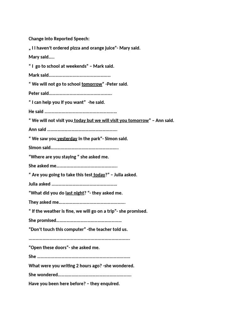 Reported Speech Transformation Exercises | PDF
