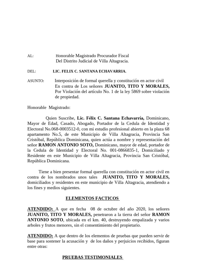 Querella Por Violacion de Propiedad Ramon Antonio Soto-1 | PDF | Daños y perjuicios | Queja