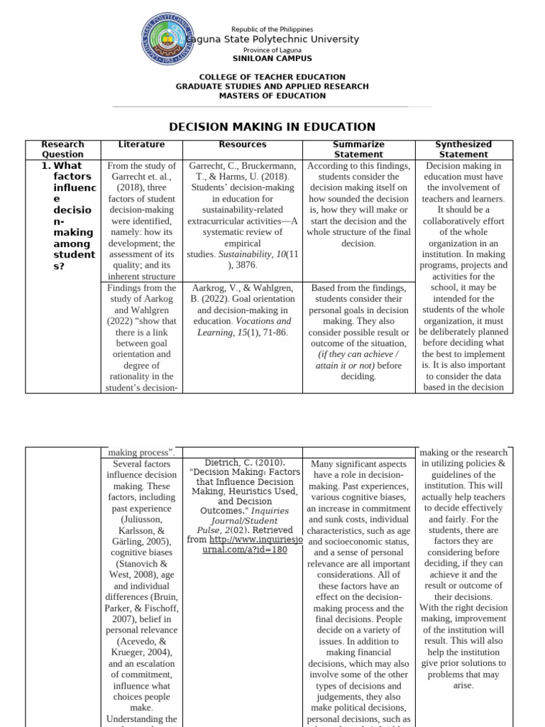 Factors Influencing Education Decision-Making | PDF | Leadership ...