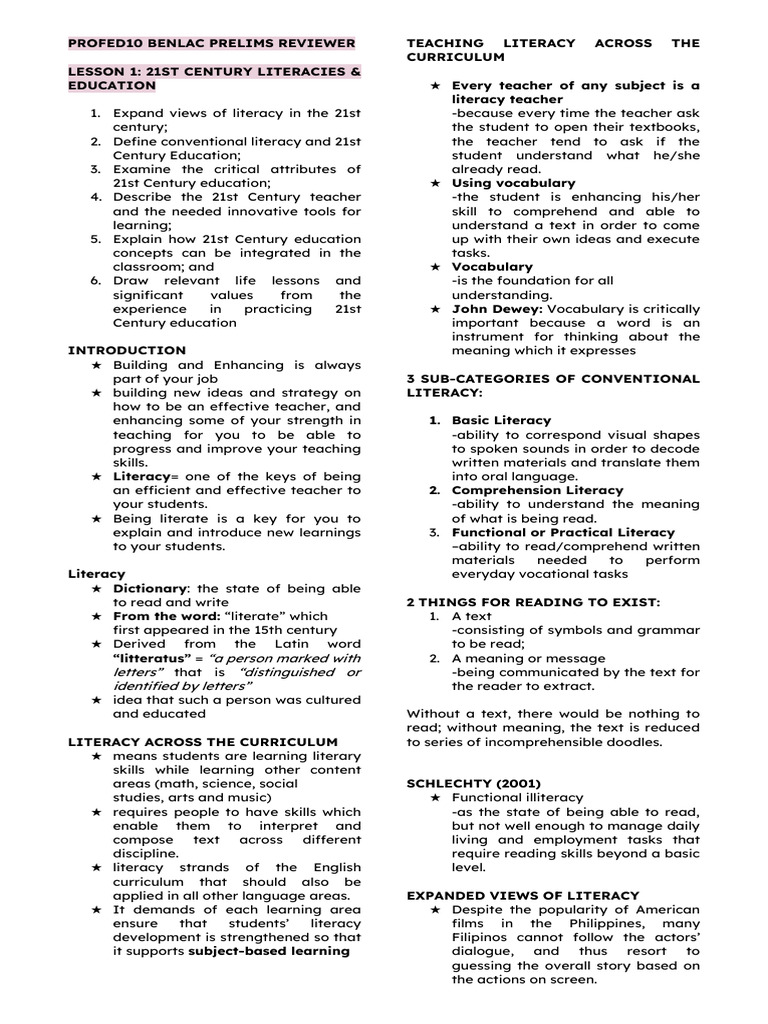 Benlac Prelims Reviewer | PDF | Literacy | Teachers