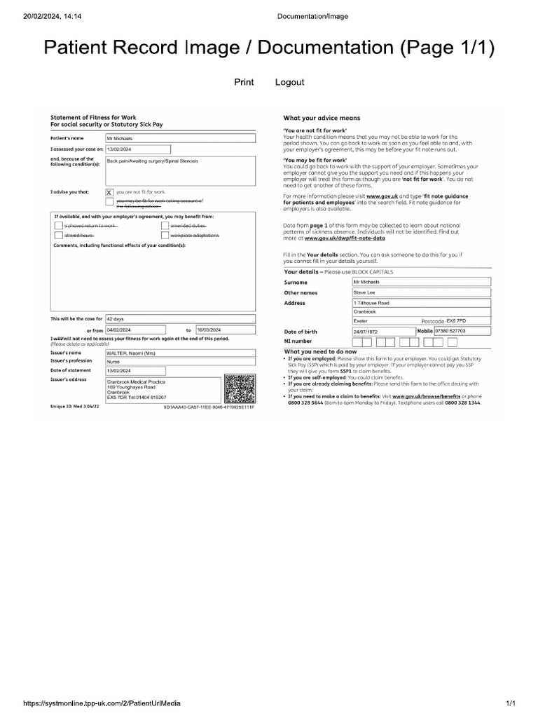 Steve Michaels Fit Note | PDF