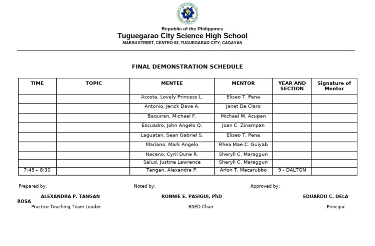 Tuguegarao City Science High Final Demo Schedule | PDF