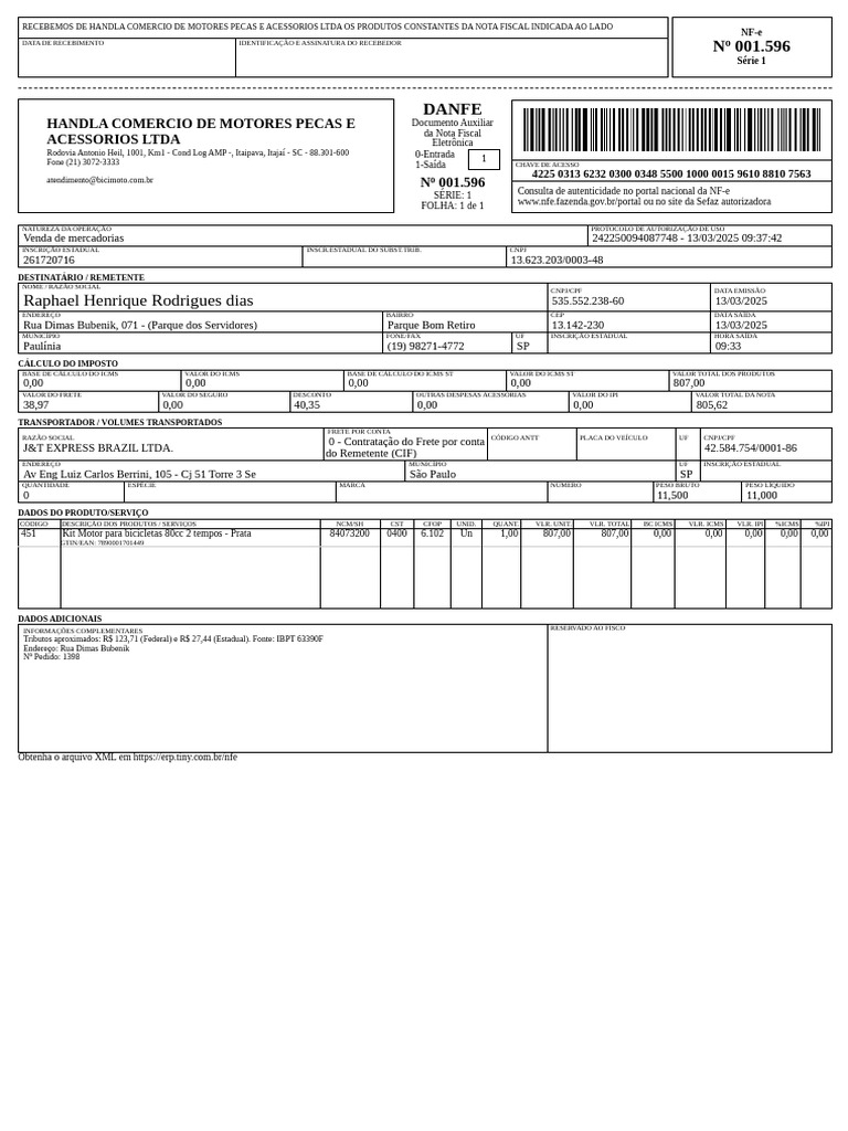 DANFE_1_001596 (1) | PDF | Recibo | Documentos empresariais