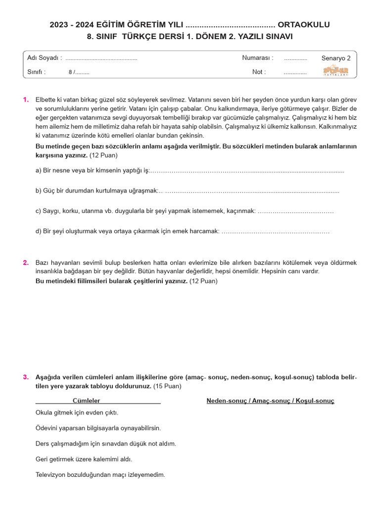 8 Turkce 2. Yazılı 2. Senaryo (Cevapsız) | PDF