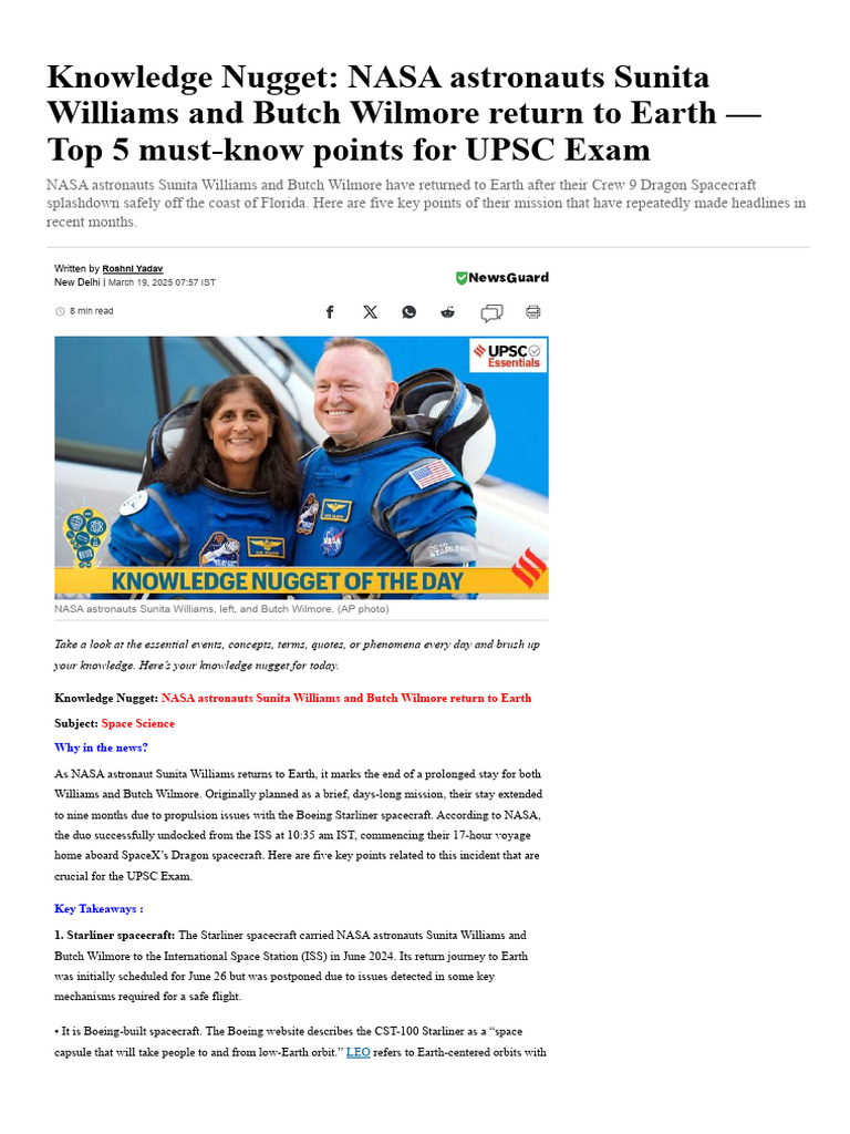 Knowledge Nugget - NASA Sunita Williams SpaceX Crew-9 Return To Earth - Top 5 Must-Know Points ...