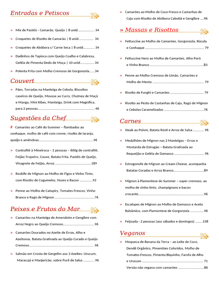 Menu Variado: Entradas, Pratos e Bebidas | PDF | Creme de queijo ...