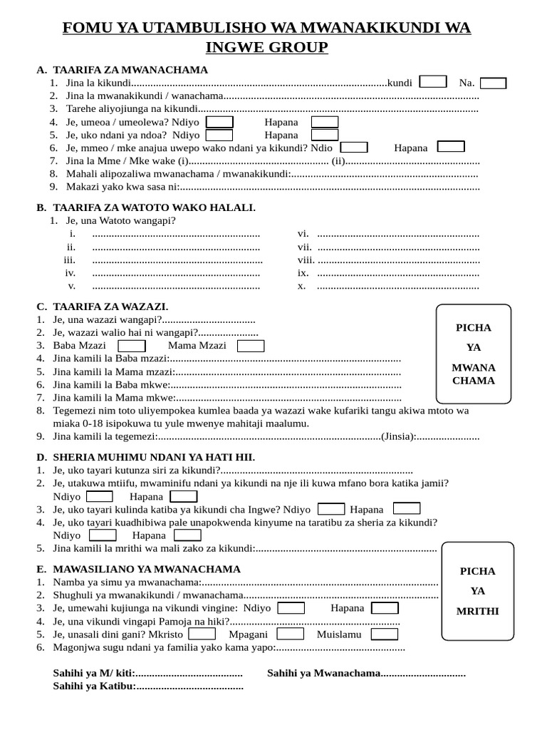 FOMU YA UTAMBULISHO WA MWANAKIKUNDI WA INGWE GROUP | PDF