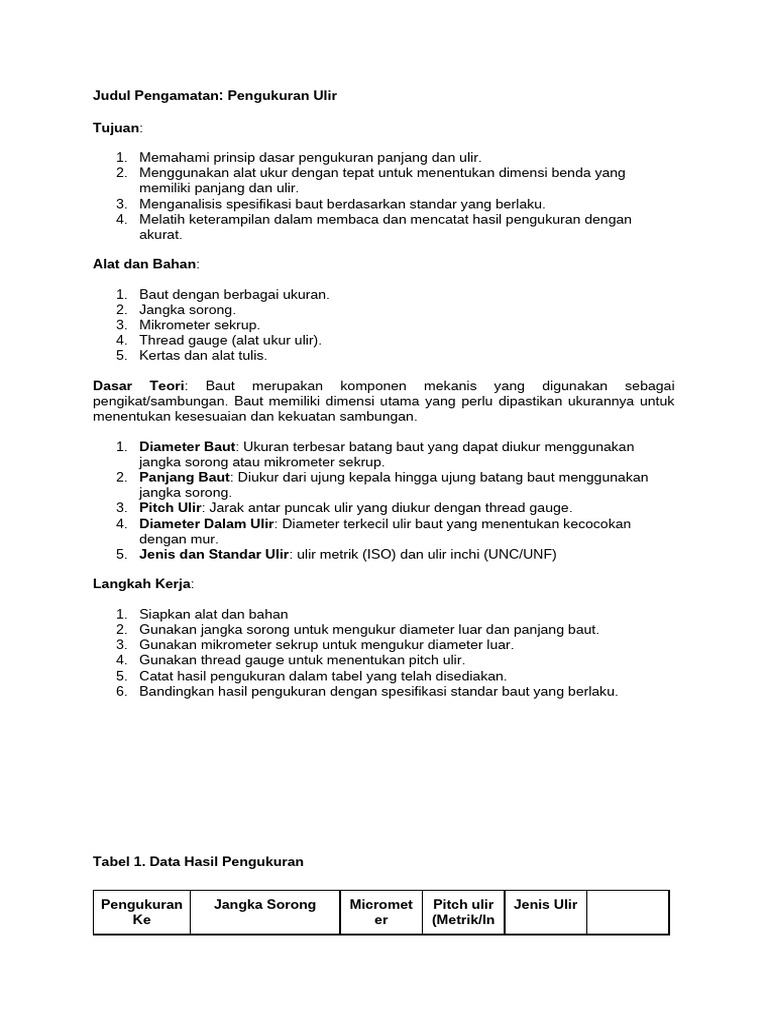 Worksheet Pengukuran Panjang Dan Ulir | PDF