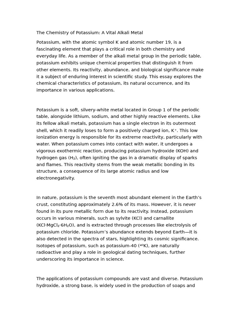 He Chemistry of Potassium A Vital Alkali Metal | PDF | Potassium ...