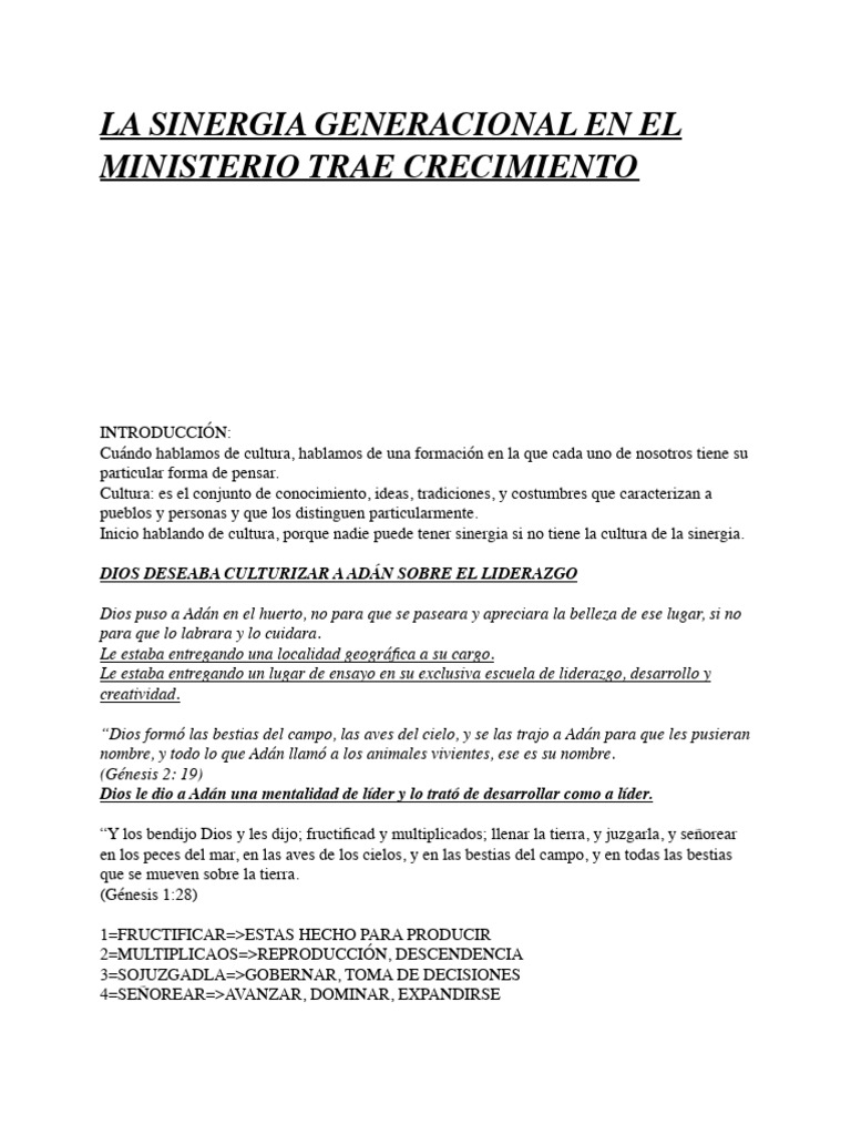 La Sinergia Generacional en El Ministerio Trae Crecimiento | PDF | Adán