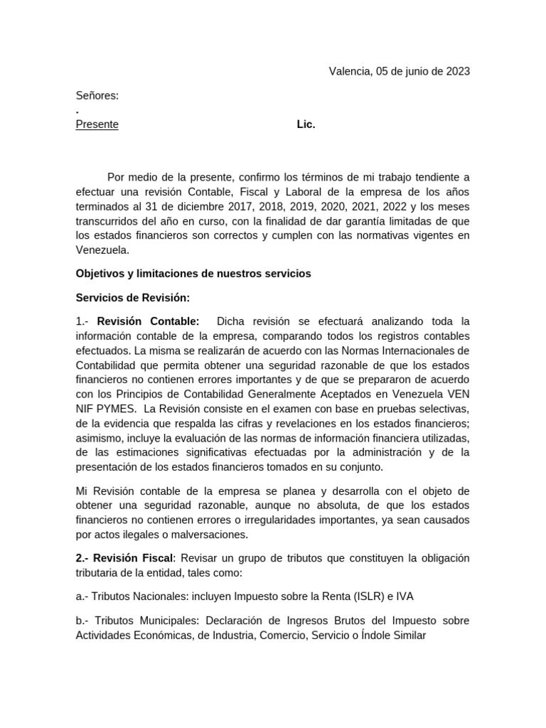 Modelo - Carta Propuesta de Honorarios y Aceptación Del Cliente | PDF | Contabilidad | Estado ...