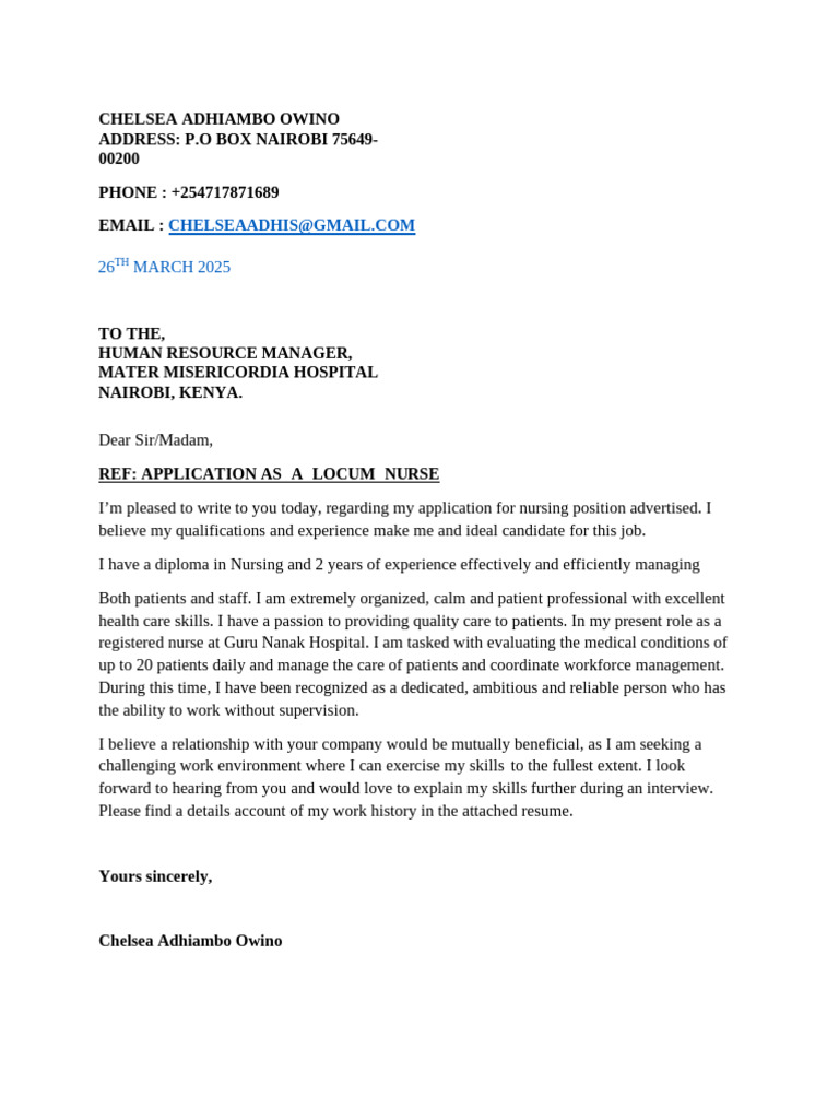 Nursing Job Application by Chelsea Owino | PDF