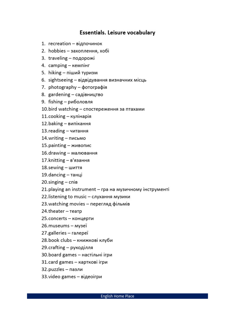 Essentials. Leisure vocabulary | PDF