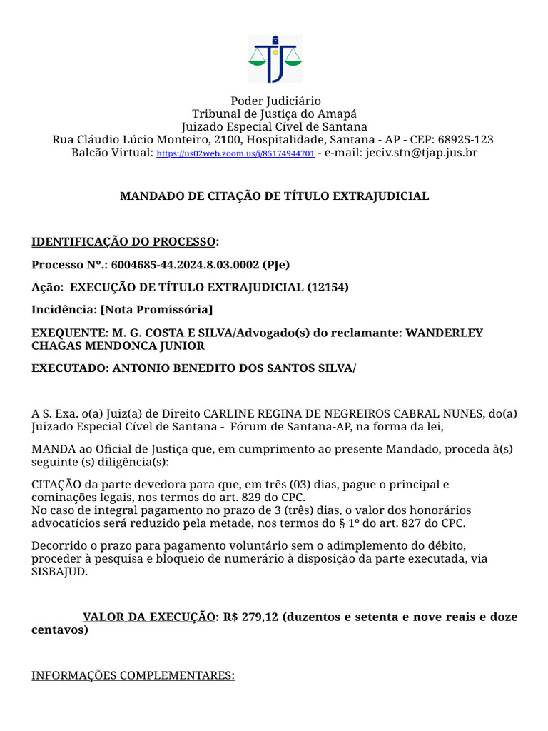 Mandado Judicial Antonio Benedito | PDF | Nota promissória | Direito Comum
