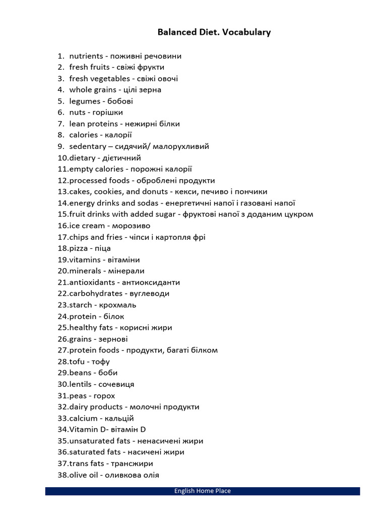 Balanced Diet. Vocabulary | PDF