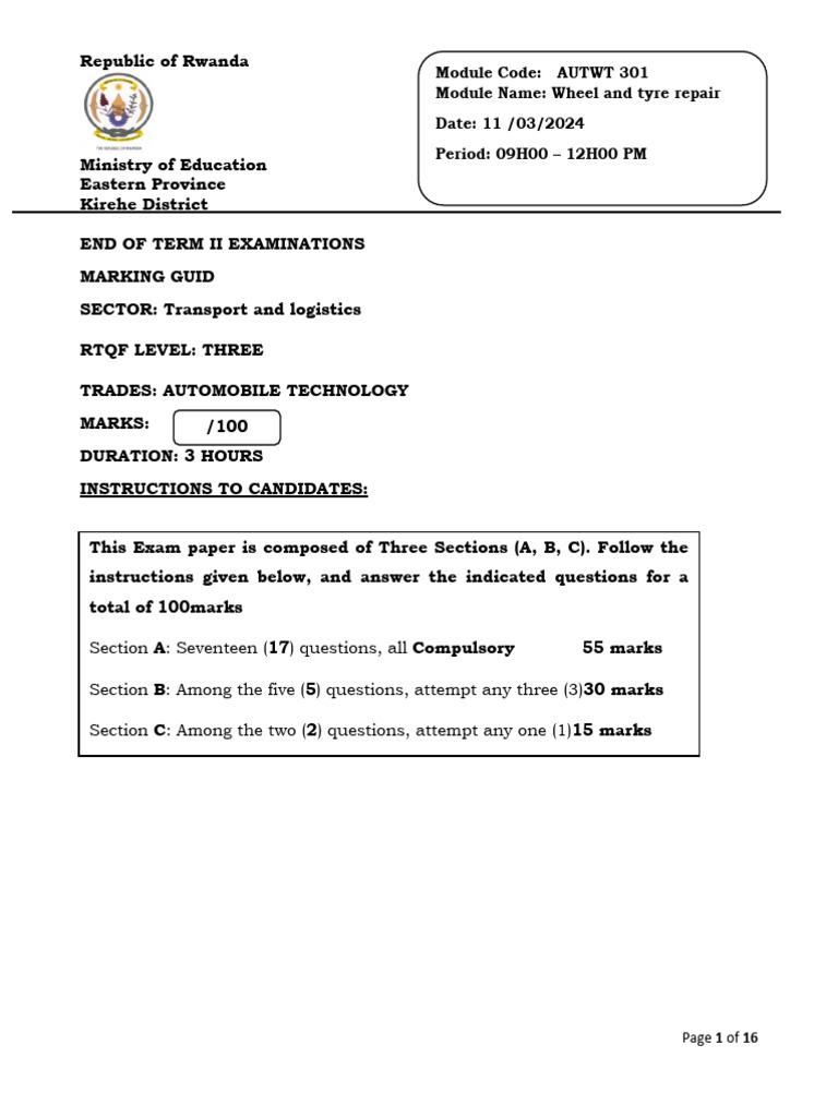 Rwanda Auto Technology Exam Guide | PDF | Tire | Vehicle Technology
