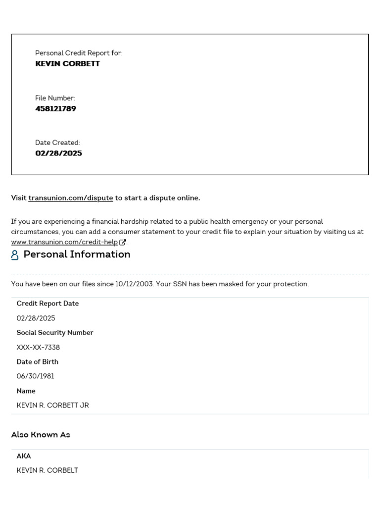 Kevin Corbett Your Report - TransUnion Credit Report | PDF | Credit ...