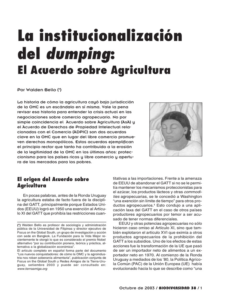 Bello, W. (2003). La institucionalización del Dumping el acuerdo sobre agricultura ...