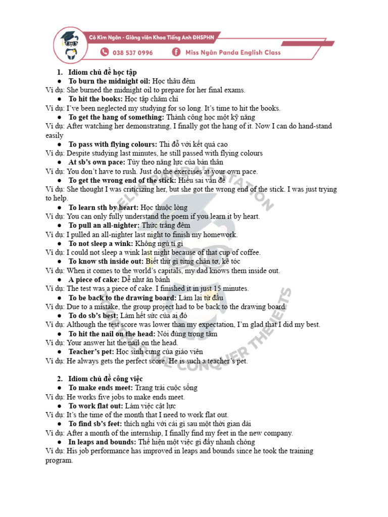 Idioms by Theme: Study, Work, Relationships | PDF