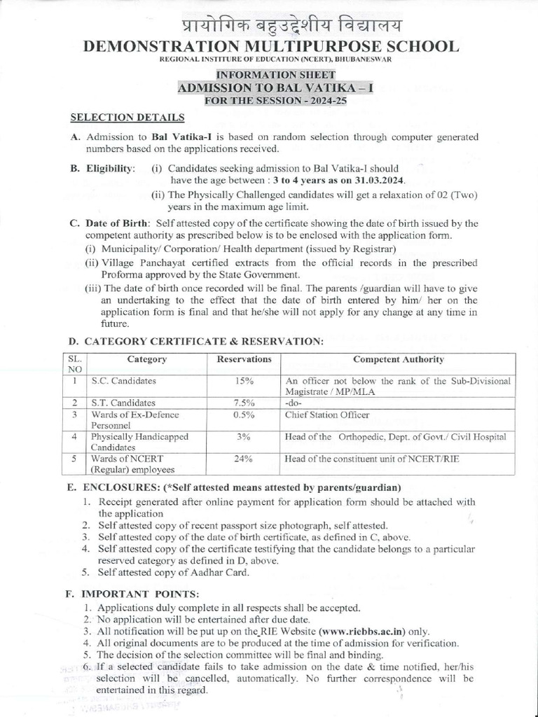 Information Sheet For Bal Vatika-1 Admission 2024-25 | PDF