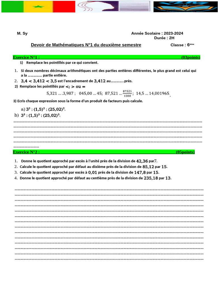 Devoir Math 2 Eme Semestre 6eme 2024 | PDF