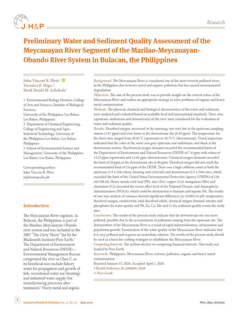 Pleto Et Al 2020 Preliminary Water and Sediment Quality Assessment of The Meycauayan River ...