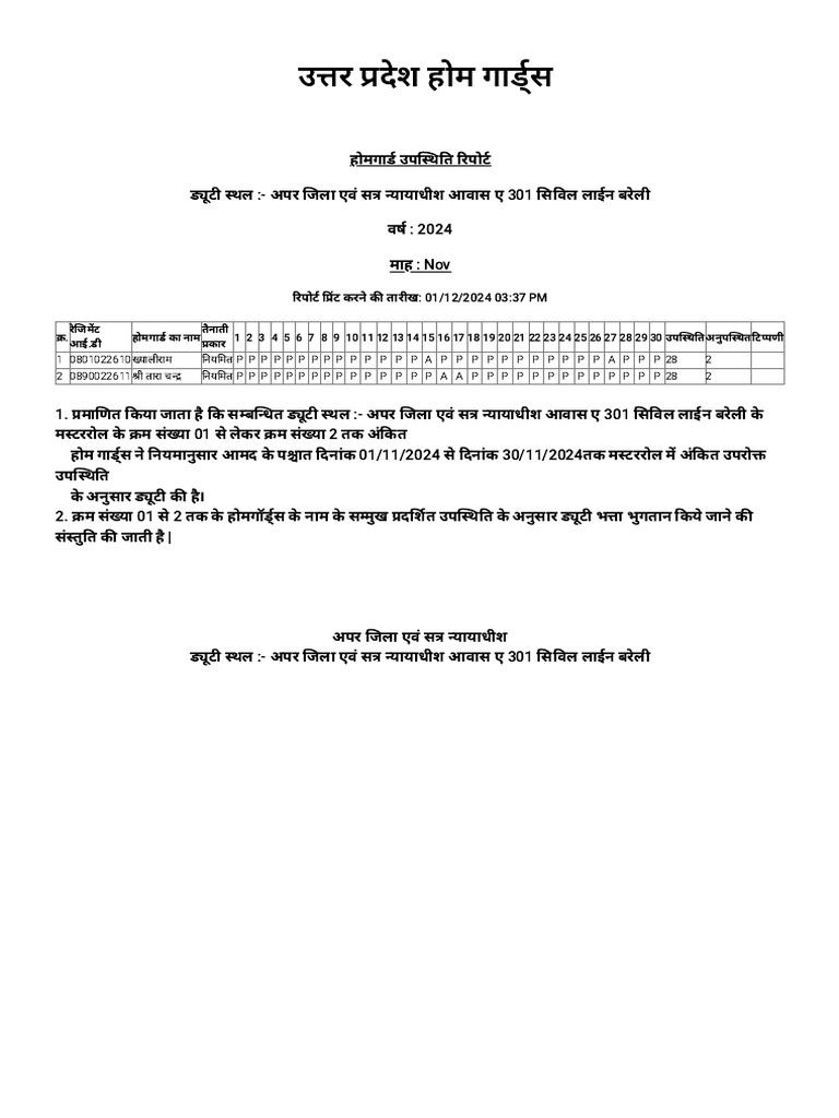 Duty Place - Homeguards Attendance | PDF