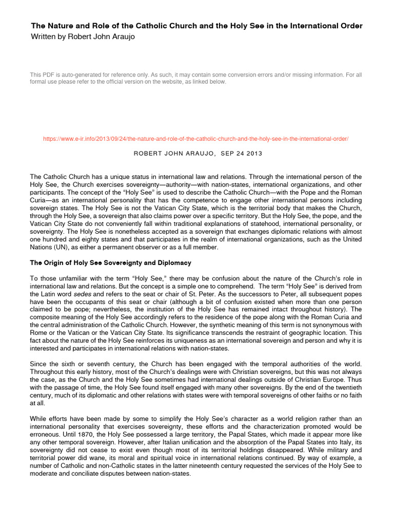 The Nature and Role of The Catholic Church and The Holy See in The ...