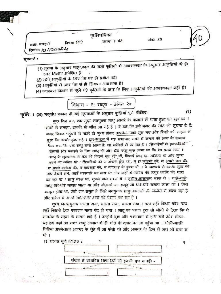 Hindi 12th Intensive Paper MCC | PDF