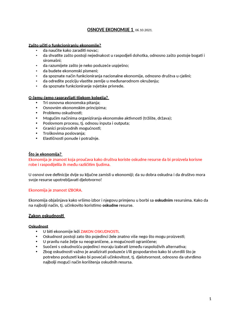 Osnove Ekonomije 1 Skripta | PDF