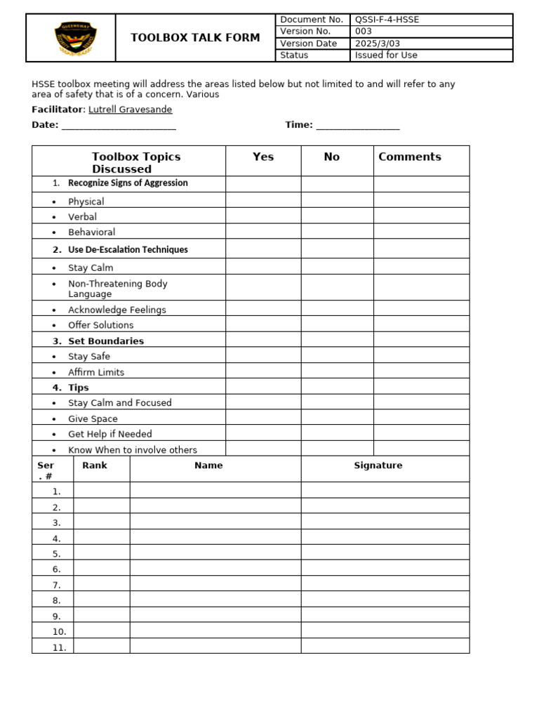 HSSE Daily Toolbox Meeting | PDF