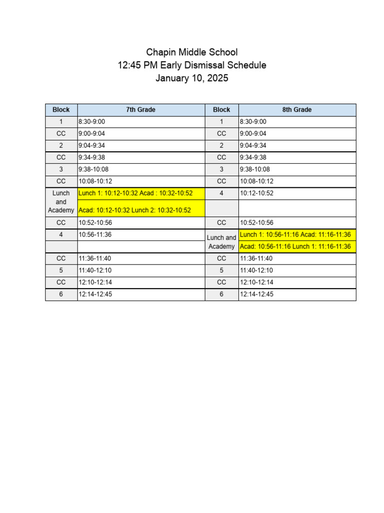 CMS 12 - 45 Early Dismissal Schedule | PDF