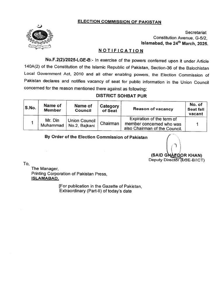 Notification Regarding Vacant Seat of Chairman Union Council No. 2 ...