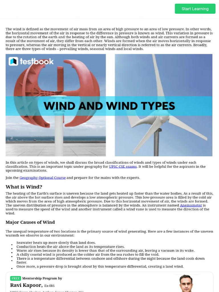 Wind and Wind Types UPSC Notes - Classification of Winds | PDF