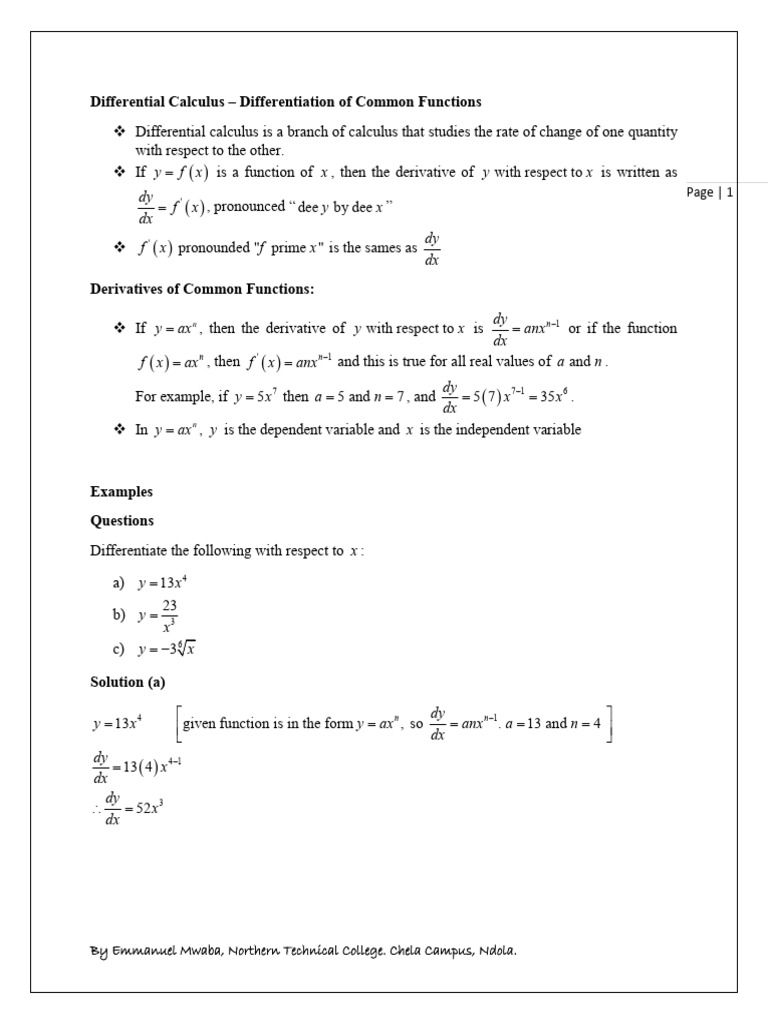 02. Differential Calculus - Differentiation of Common Functions | PDF | Derivative ...