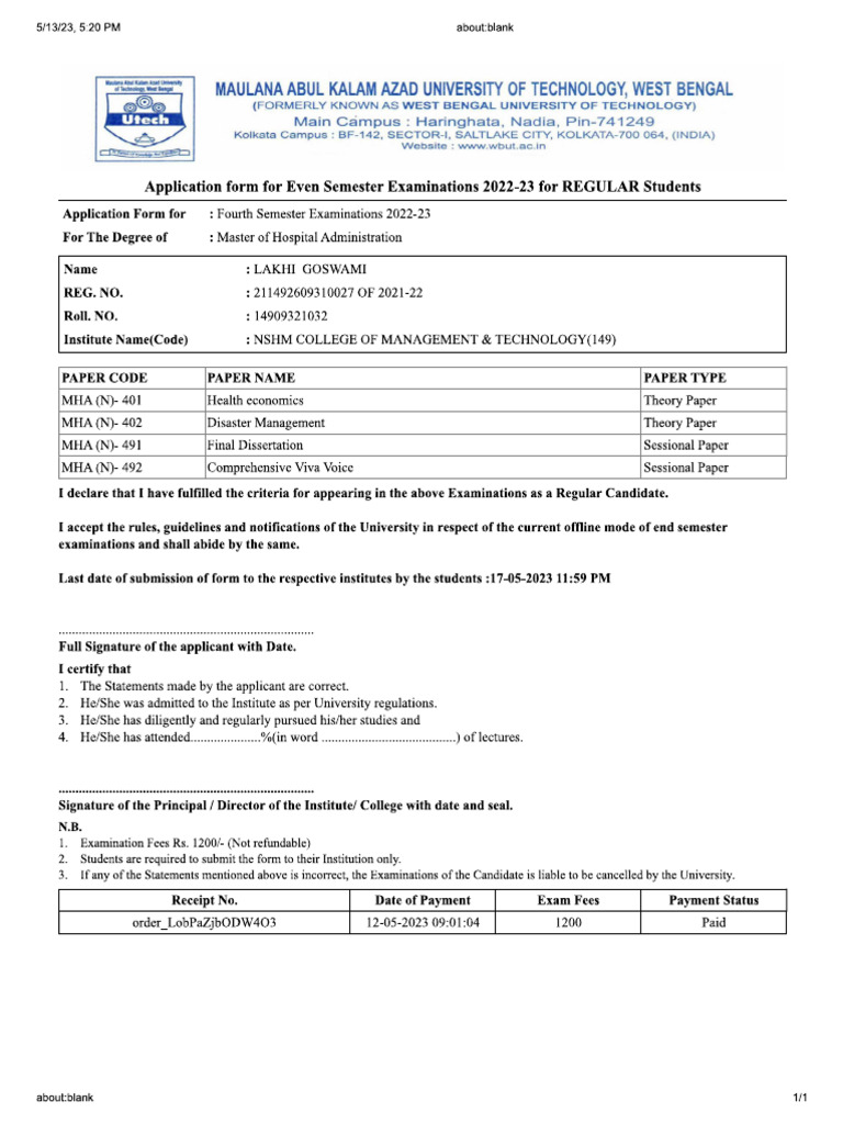 Lakkhi Goswami (Exam Form) | PDF