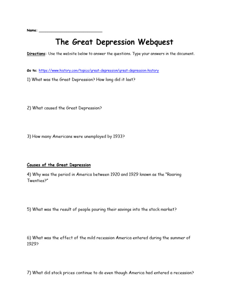 The Great Depression Webquest | PDF | Wall Street Crash Of 1929 ...