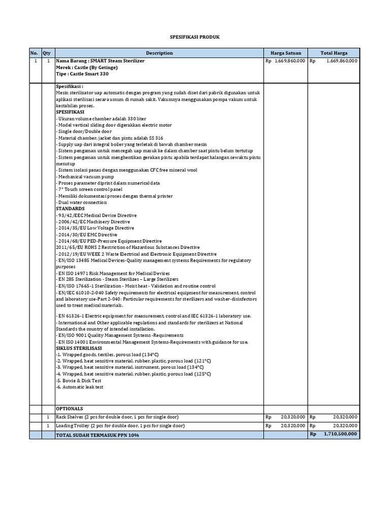 Spesifikasi Getinge Castle Smart Steam Sterilizer - Smart 330 | PDF