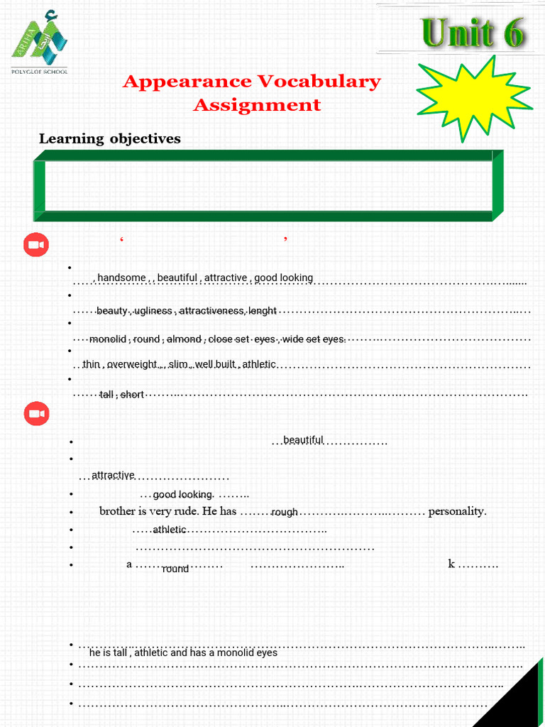 Appearance Vocabulary Assignment Guide | PDF