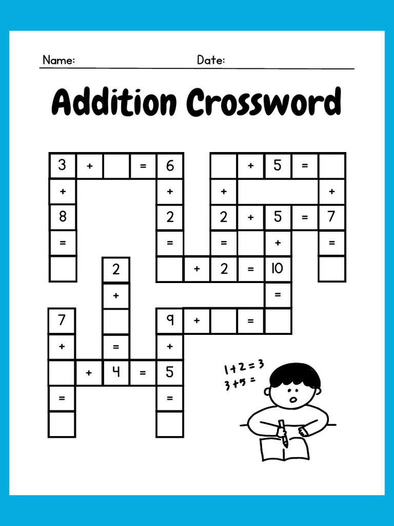 Addition Crossword Puzzle Worksheet in Blue Illustrative Style | PDF