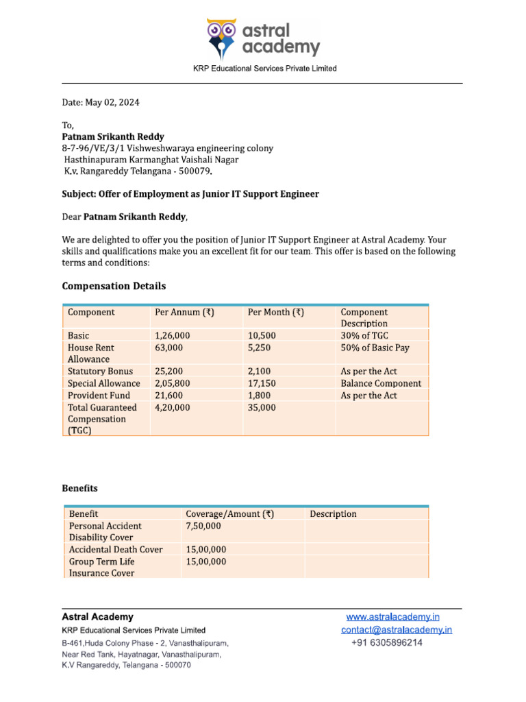 Astral Academy Offer Letter | PDF