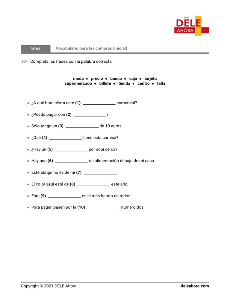 Vocabulario para Las Compras Inicial | PDF