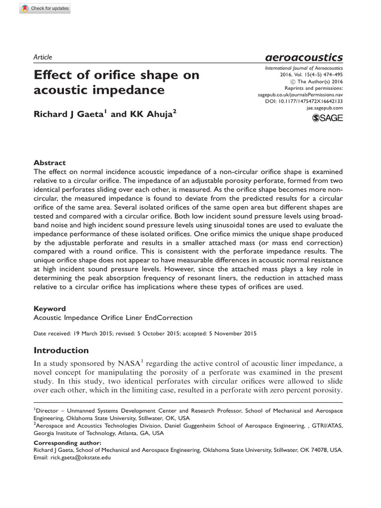 Gaeta Effect of Orifice Shape On Acoustic Impedance | PDF | Electrical ...