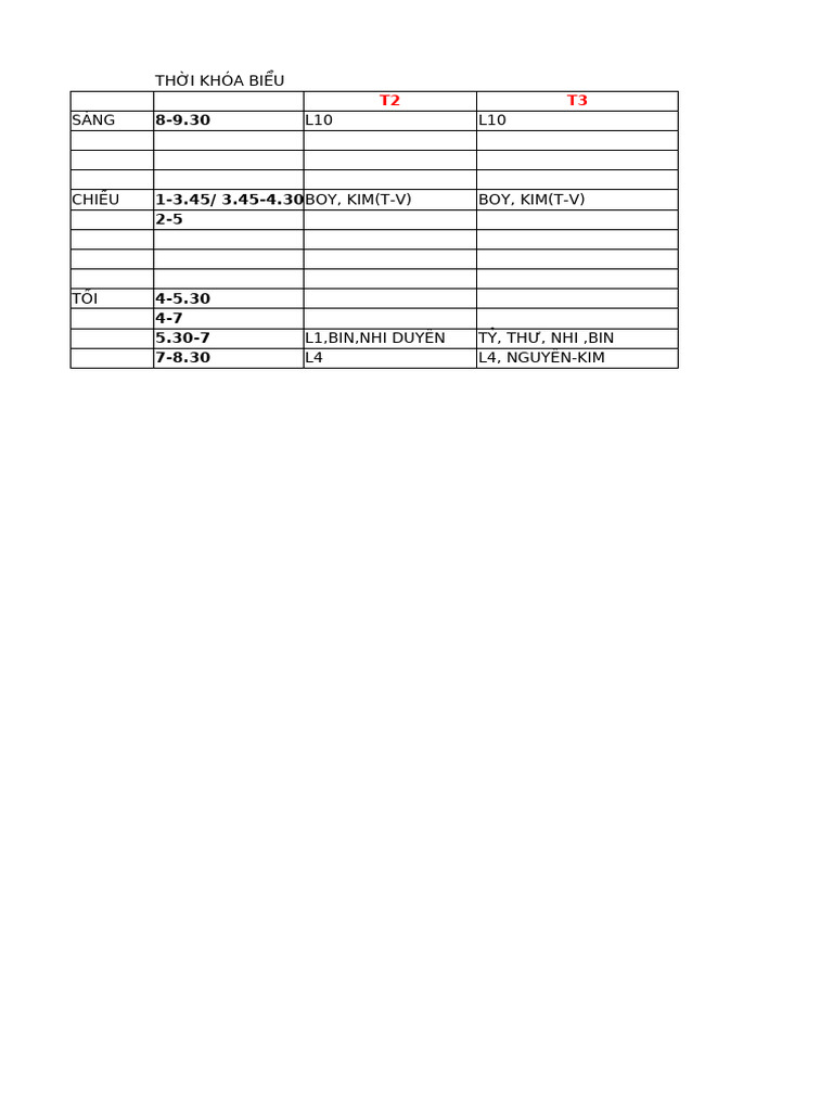 Thời Khóa Biểu Sáng L10 L10 | PDF