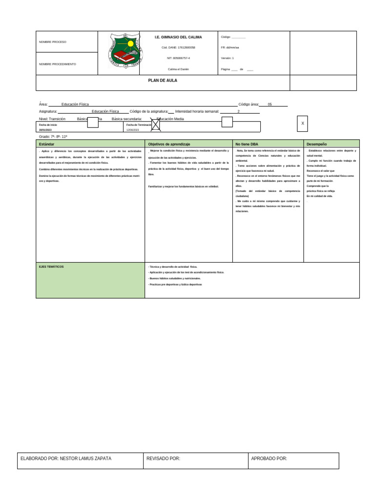 29-Plan Aula Primer Periodo | PDF | Educación primaria | Aprendizaje