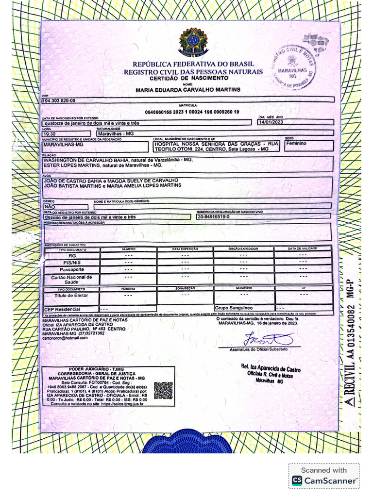 Certidão de Nascimento Duda | PDF