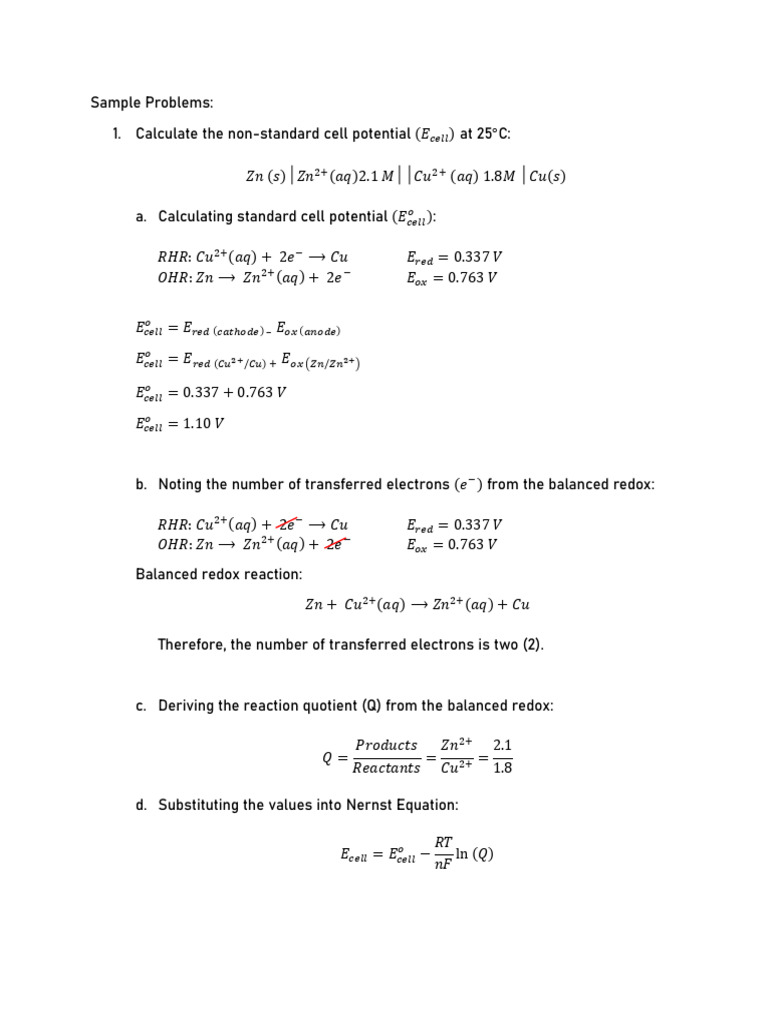 Non-Standard Cell Potential Calculations | PDF | Redox | Electricity