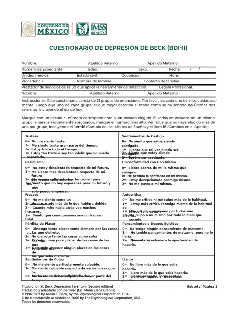 JNSP08. Cuestionario de Depresión de Beck (BDI-II) | PDF