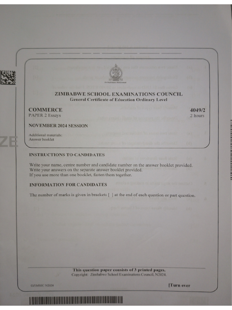 Commerce Paper 2 November 2024 | PDF