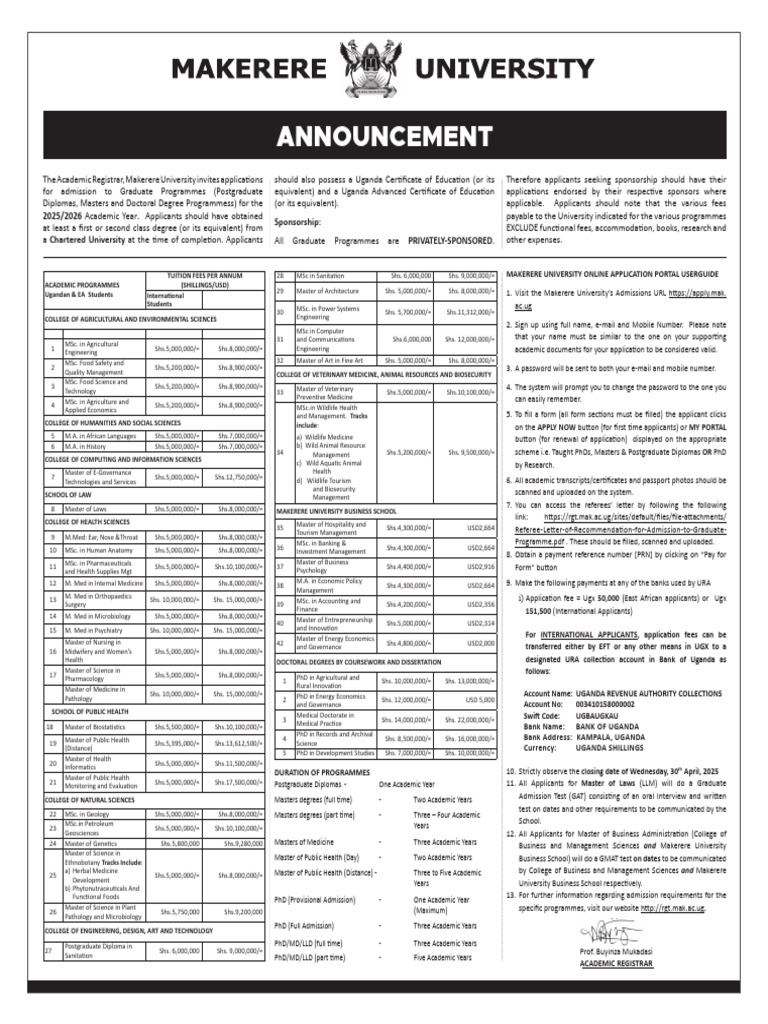 Additional Advert For Graduate Programmes For 20252026 | PDF ...